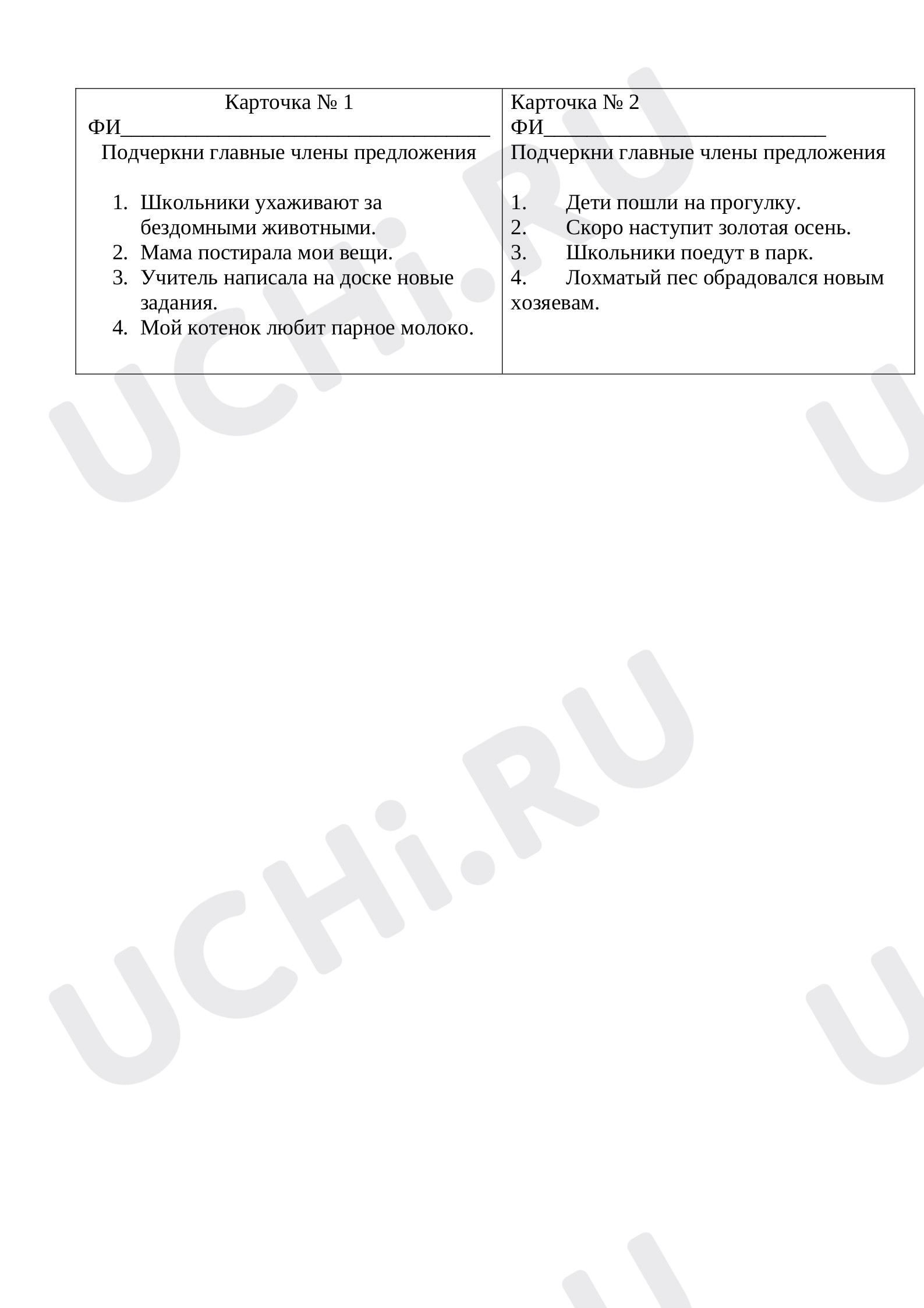 Карточка по теме «Главные члены предложения».