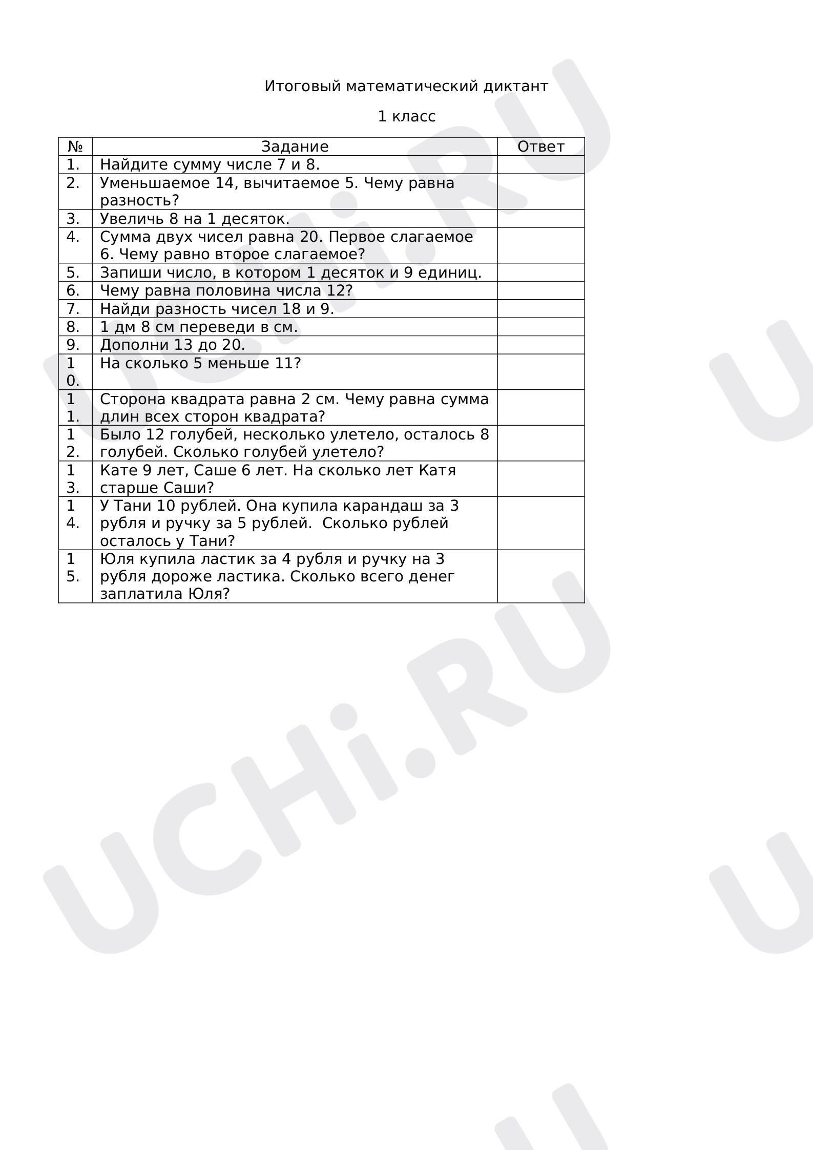 📒 Материал №6 по теме “Итоговый математический диктант” для 1 класса Учи ру